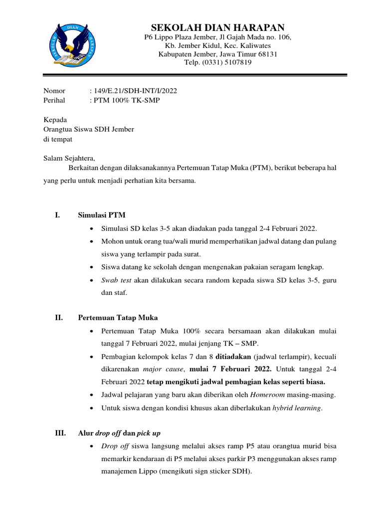 Panduan PTM 100% di SDH Jember | PDF