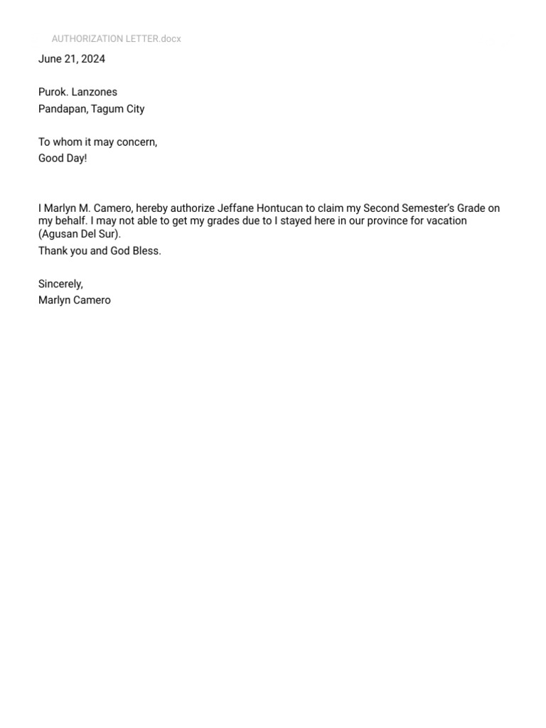 AUTHORIZATION LETTER - Docx - Microsoft Word Online | PDF