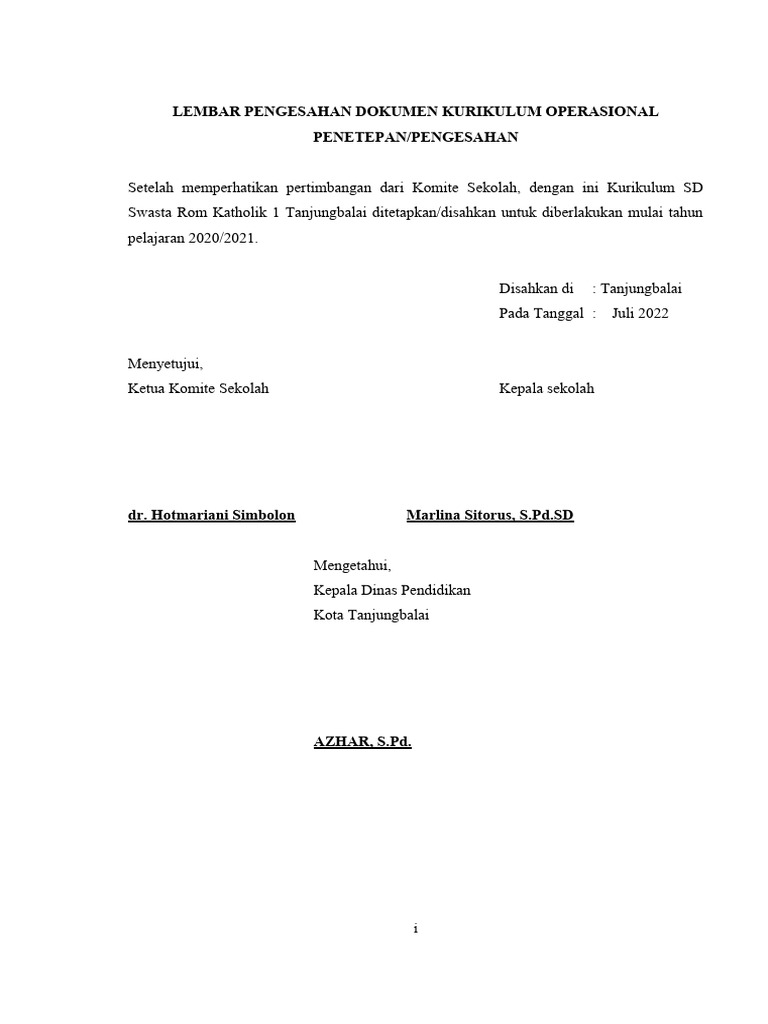 Lembar Pengesahan Dokumen Kurikulum Operasional | PDF