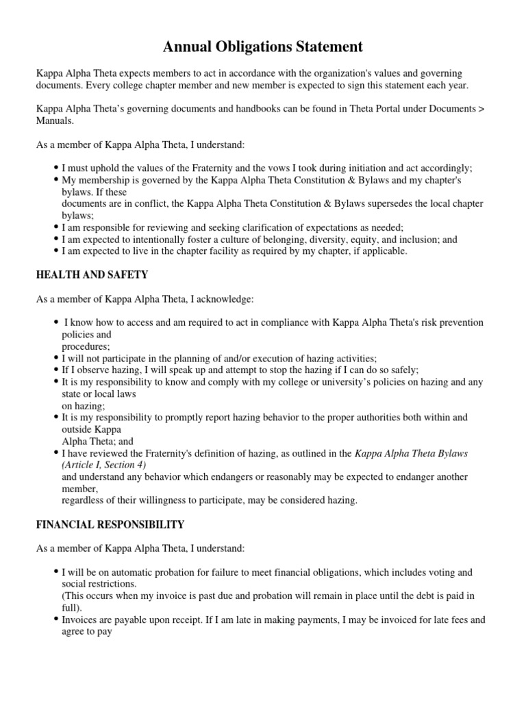 THETA Annual Obligations Statement | PDF | Fraternities And Sororities