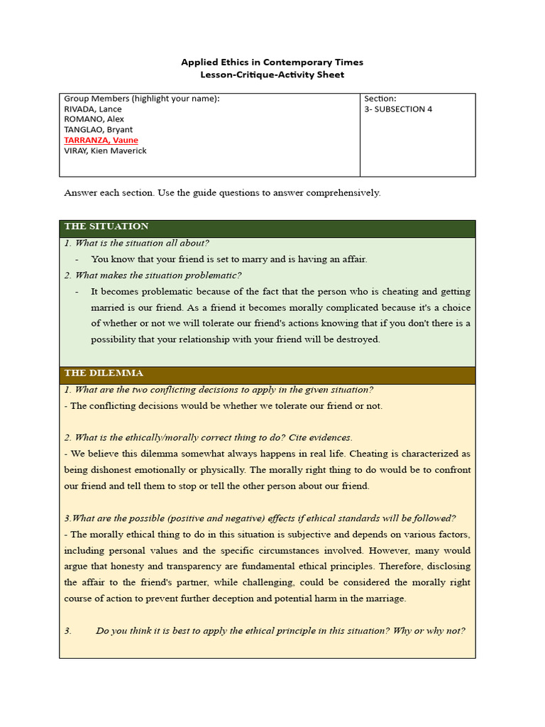 FA1 - Lesson-Critique-Activity-Sheet - TARRANZA, Vaune | PDF | Morality ...