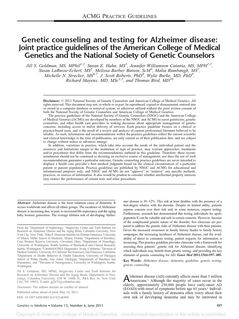 Genetic Counseling and Testing For Alzheimer Disease - Joint Practice ...