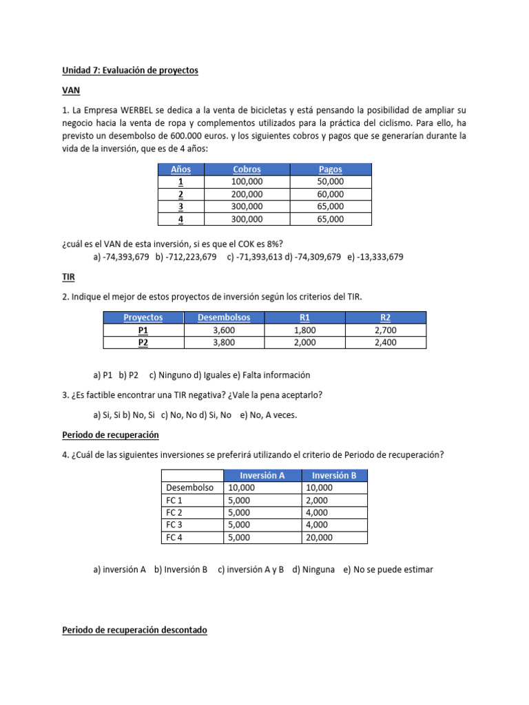 Ejercicios Unidad 7 Evaluación de Proyectos | PDF | Inversiones