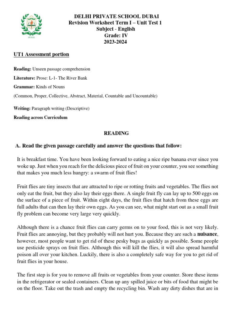 Grade IV English Revision Worksheet UT1 2023-24 | PDF | Fly | Noun