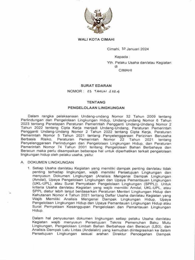 Surat Edaran Wali Kota Cimahi No. 3 Tahun 2024 Tentang Pengelolaan Lingkungan | PDF