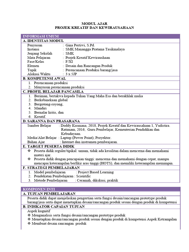 Modul Ajar Desain Dan Rancangan Produk | PDF | Karier & Perkembangan | Pengembangan Diri
