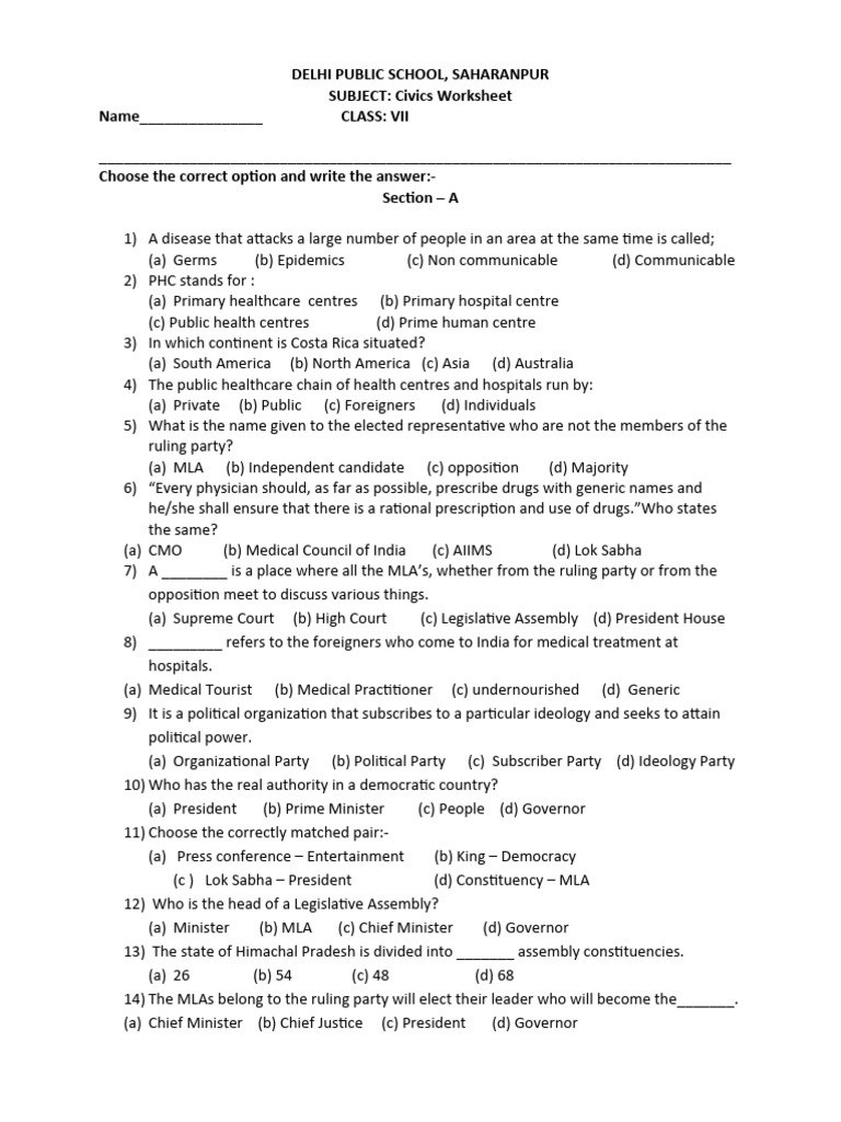 CIVICS Worksheet Class 7 | PDF | Health Facility | Health Care