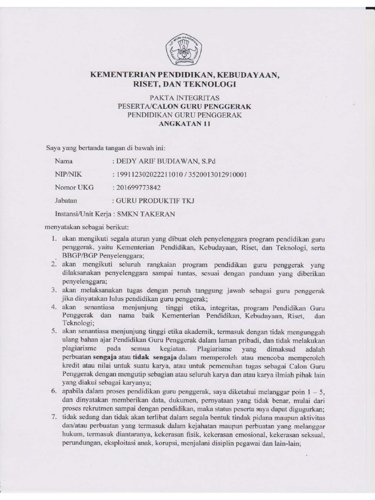 Pakta - Integritas - CGP - A11 - DEDY ARIF BUDIAWAN, S.PD | PDF