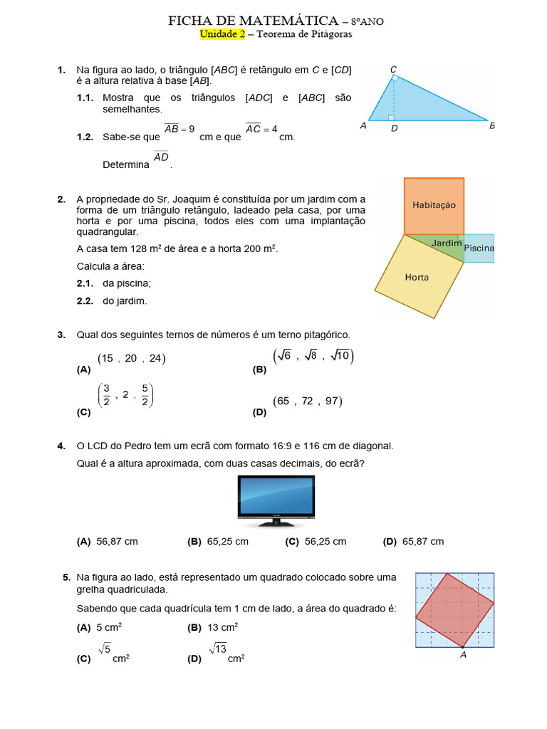 Ficha 04 - Teorema de Pitágoras | PDF | Triângulo | Geometria triangular