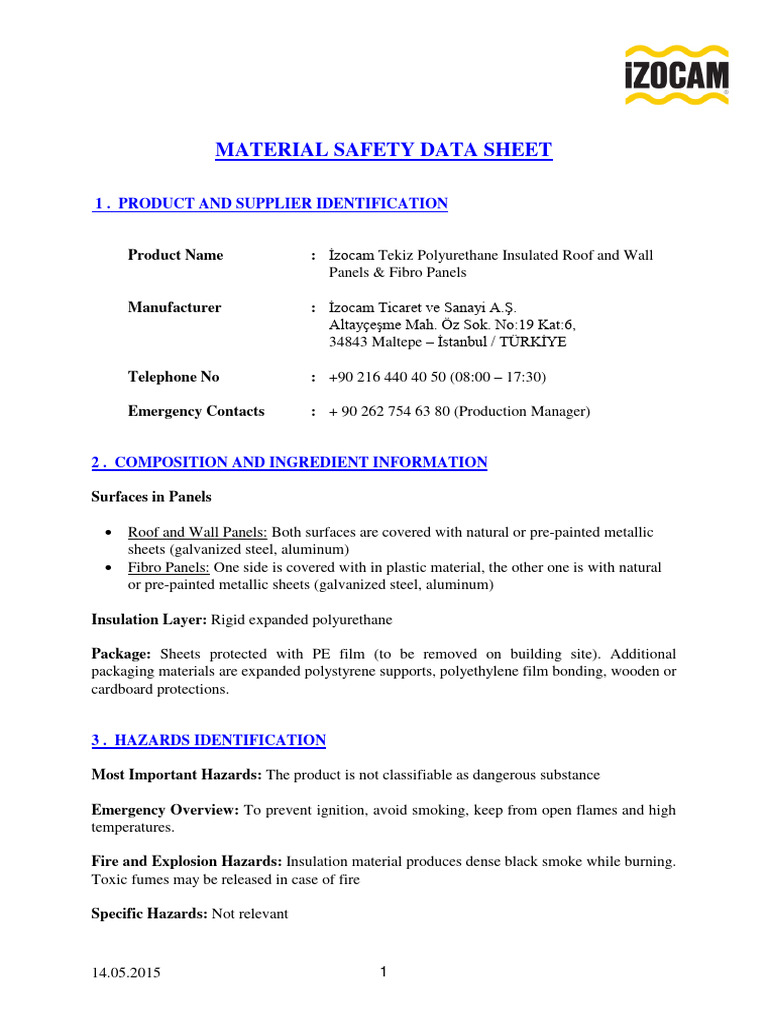 Roof Sandwich Panel Msds PDF | PDF | Polyurethane | Firefighting