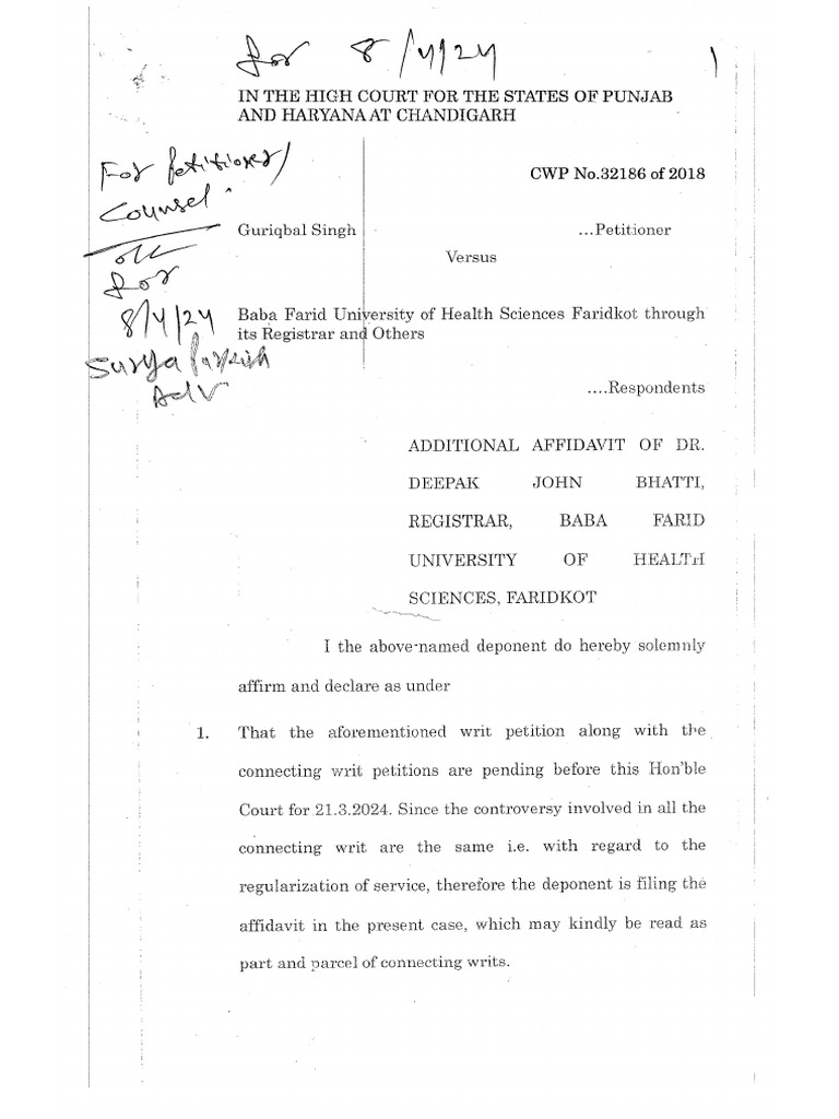 2nd Additional Affidavit Guriqbal Singh Vs BFUHS | PDF