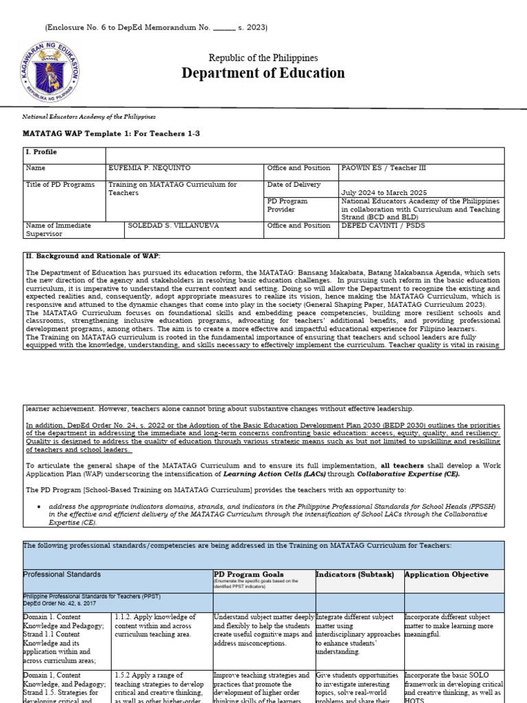 EUFEMIA P. NEQUINTO MATATAG-WAP-Template-1 - For-Teachers I-III | PDF ...