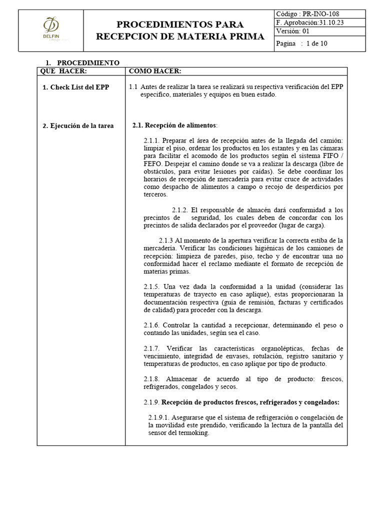 PR-INO-108 Recepcion de Materia Prima | PDF | Vegetales | Alimentos