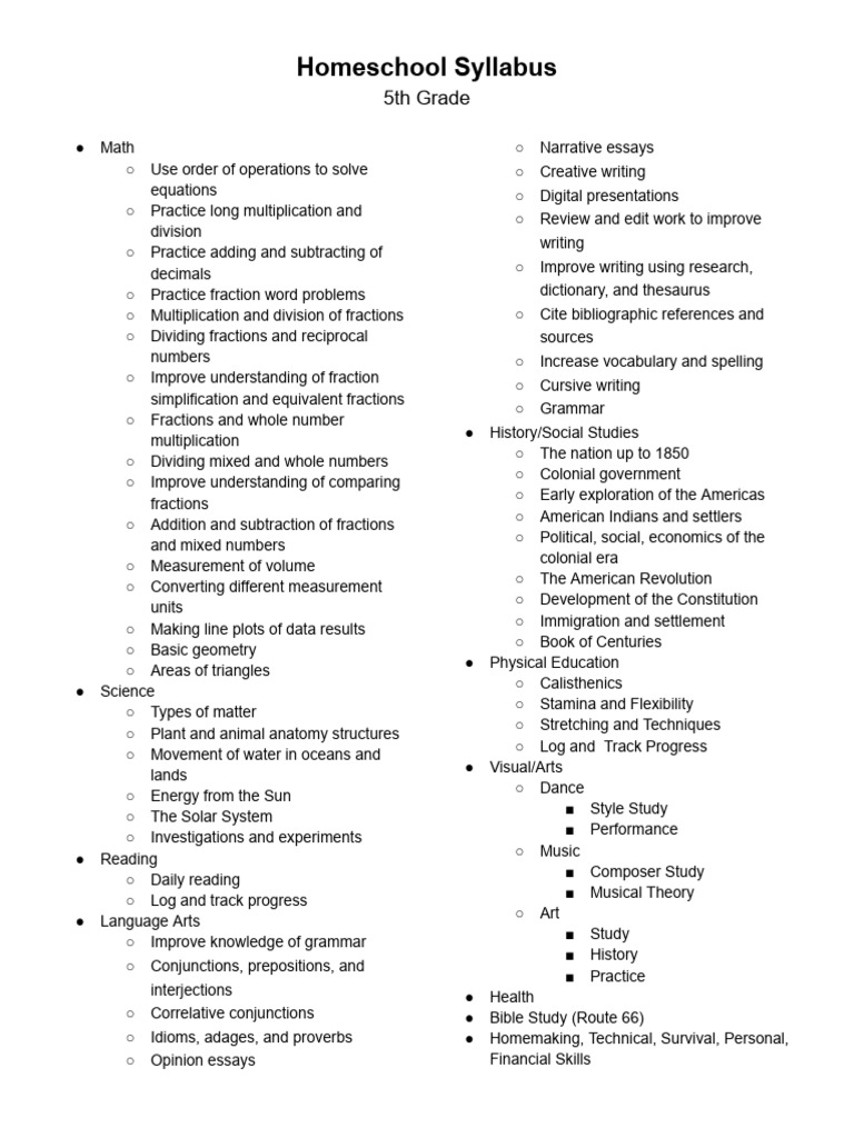 5th Grade Homeschool Curriculum Guide | PDF