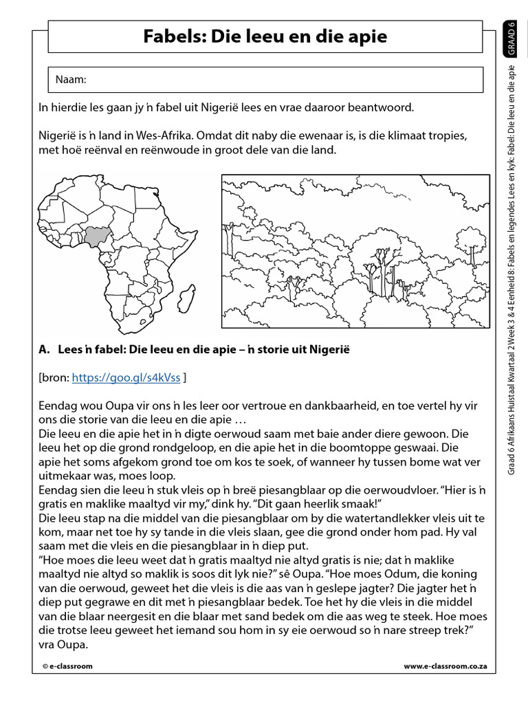 GR 6 k2 Aht wk56 Lees en Kyk Fabel Die Leeu en Die Apie - PDF | PDF