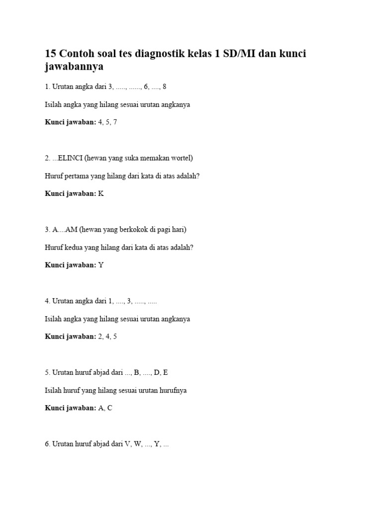 15 Contoh Soal Tes Diagnostik Kelas 1 SD | PDF