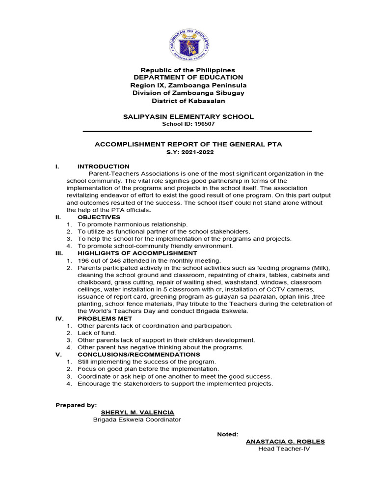 PTA Accomplishment Report 2021-2022 | PDF | Career & Growth | Social ...