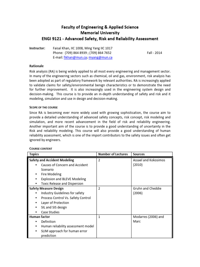 ENGI 9121 Course Outline | PDF | Risk | Reliability Engineering