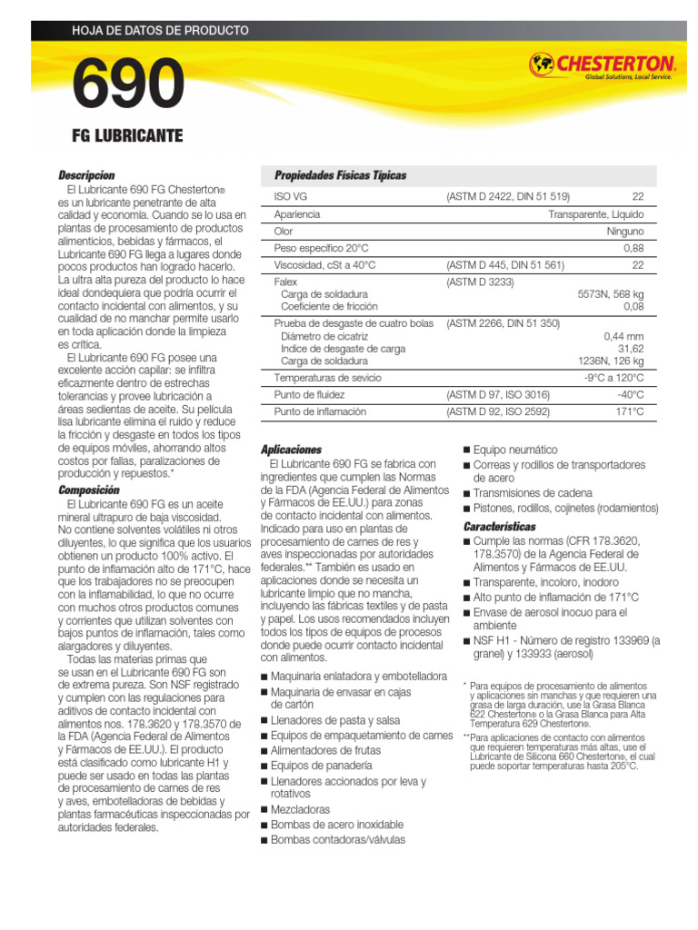 Chesterton 690 FG | PDF | Lubricante | Alimentos