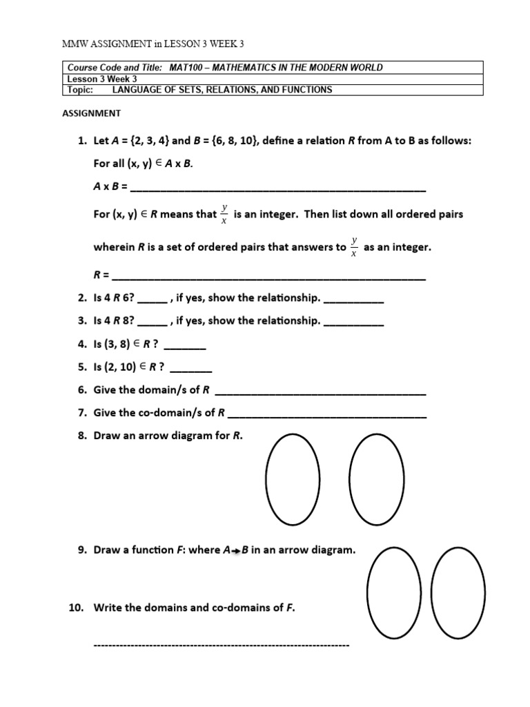 MMW Assignment in L3 W3 Language of Sets Relations and Functions | PDF | Teaching Methods ...