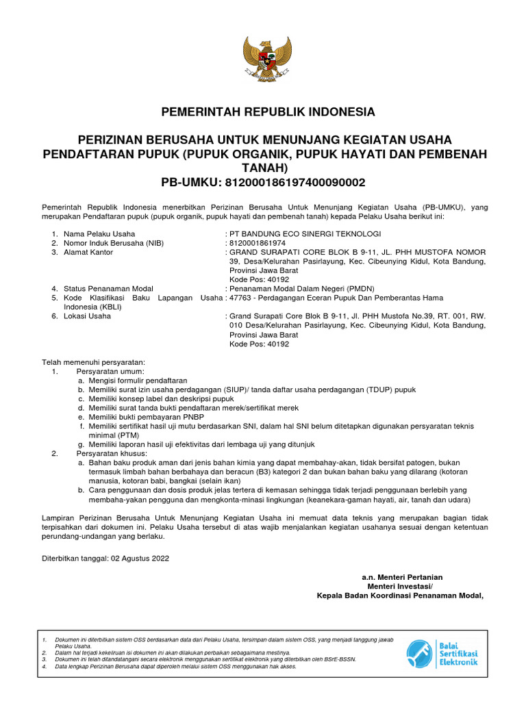 Izin Edar Pupuk Organik Eco Farming | PDF