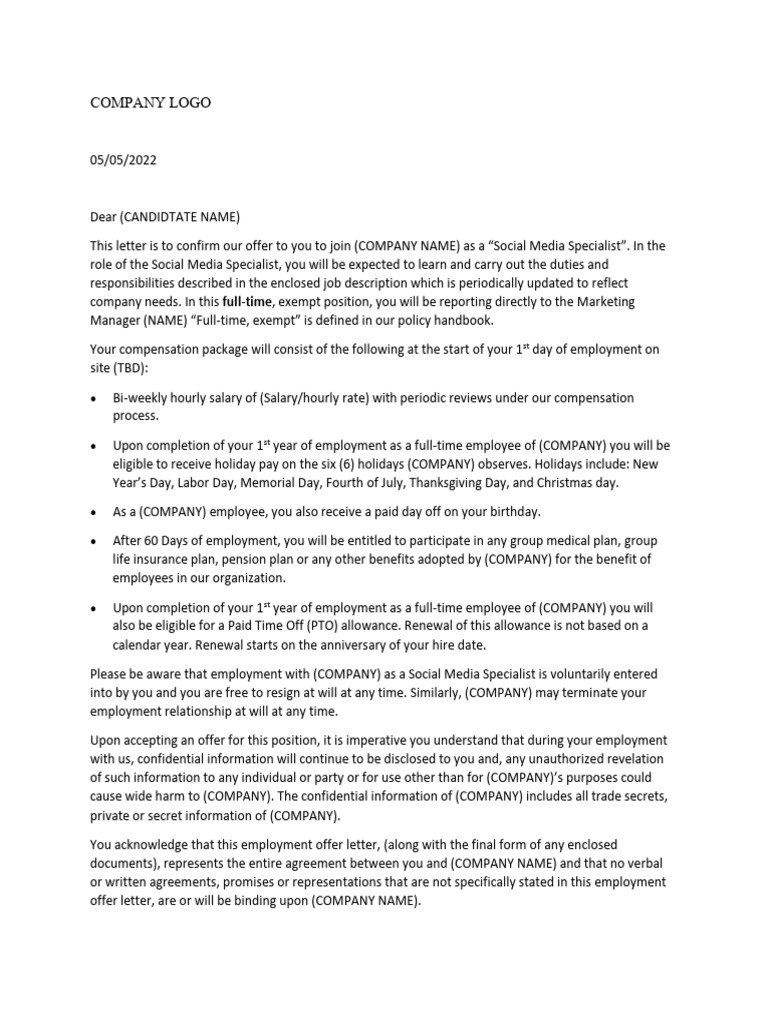 Social Media Specialist Offer Letter General Template | PDF | Economies ...