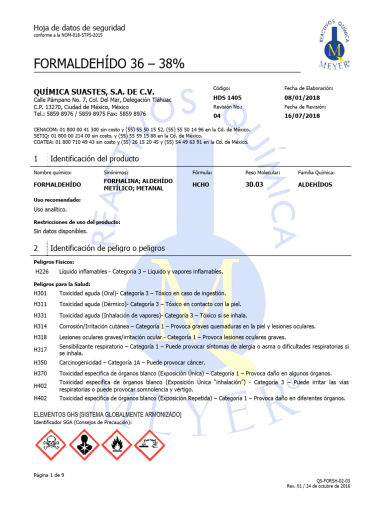 Formaldehido HDS | PDF | Residuos | Formaldehído