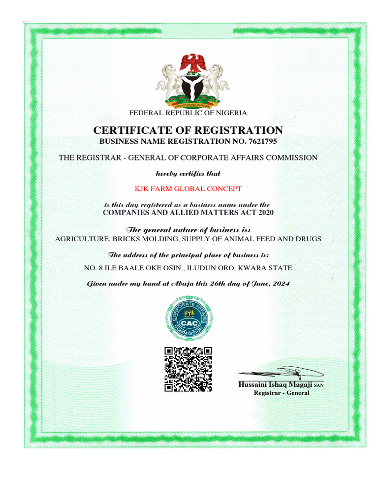 Certificate - KJK Farm Global Concept - 075227 | PDF | Law
