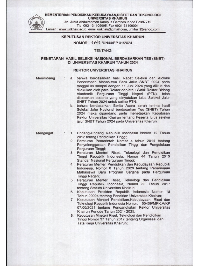 Hasil Seleksi Utbk SNBT 2024 Unkhair | PDF