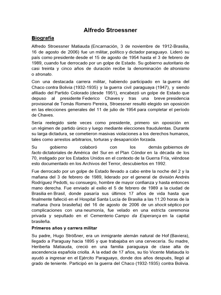 Biografía de Alfredo Stroessner | PDF | Paraguay