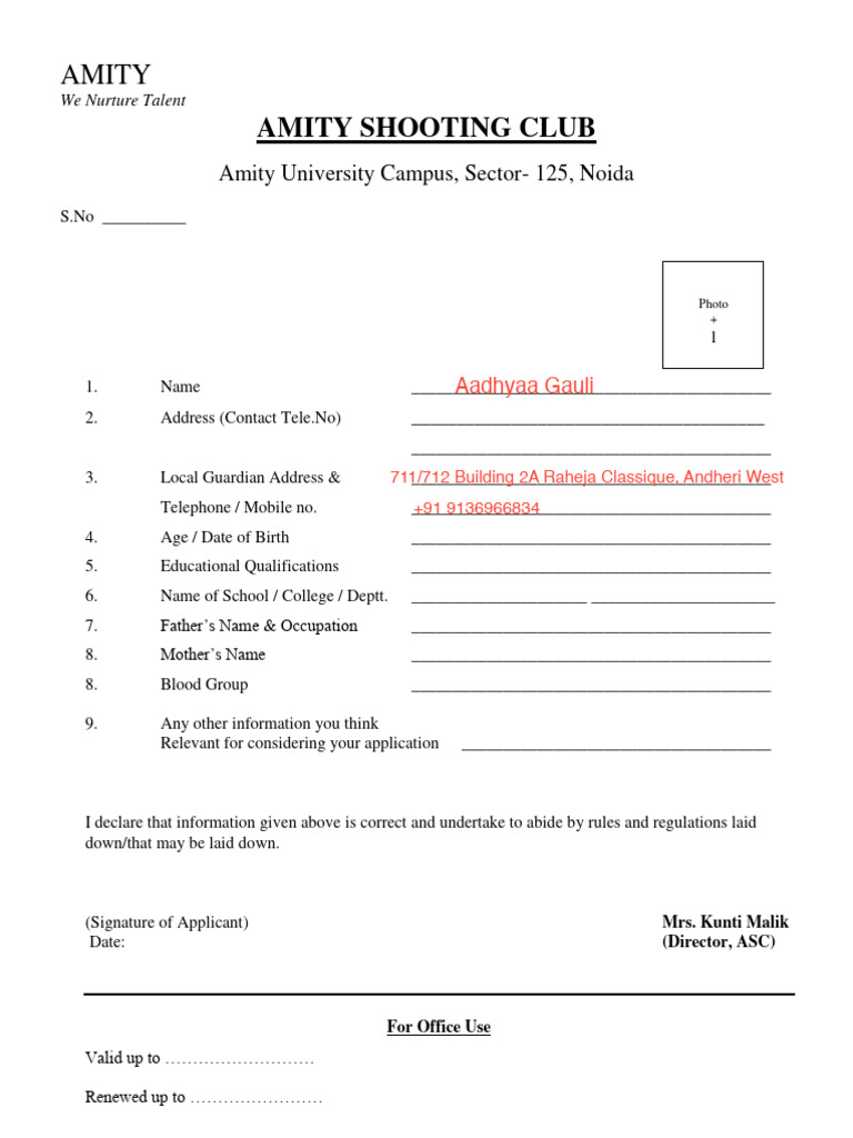 Amity Shooting Club Registration Form | PDF | Career & Growth | Business