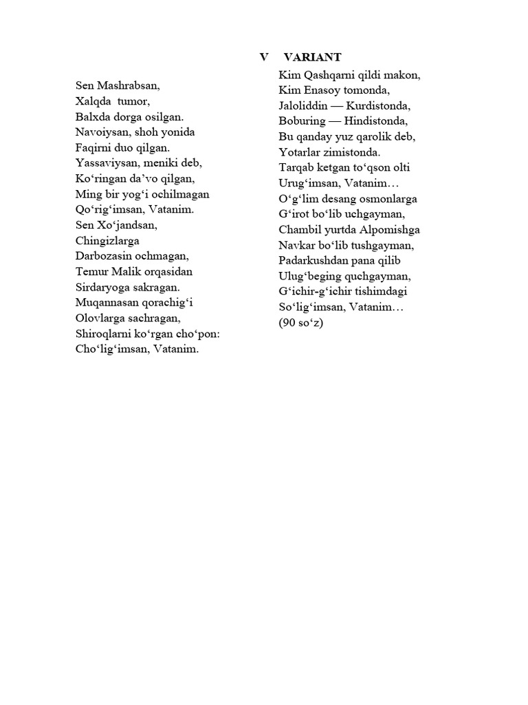 9 Sinf Ona Tili Va Adabiyot 5 Variant Javobi | PDF