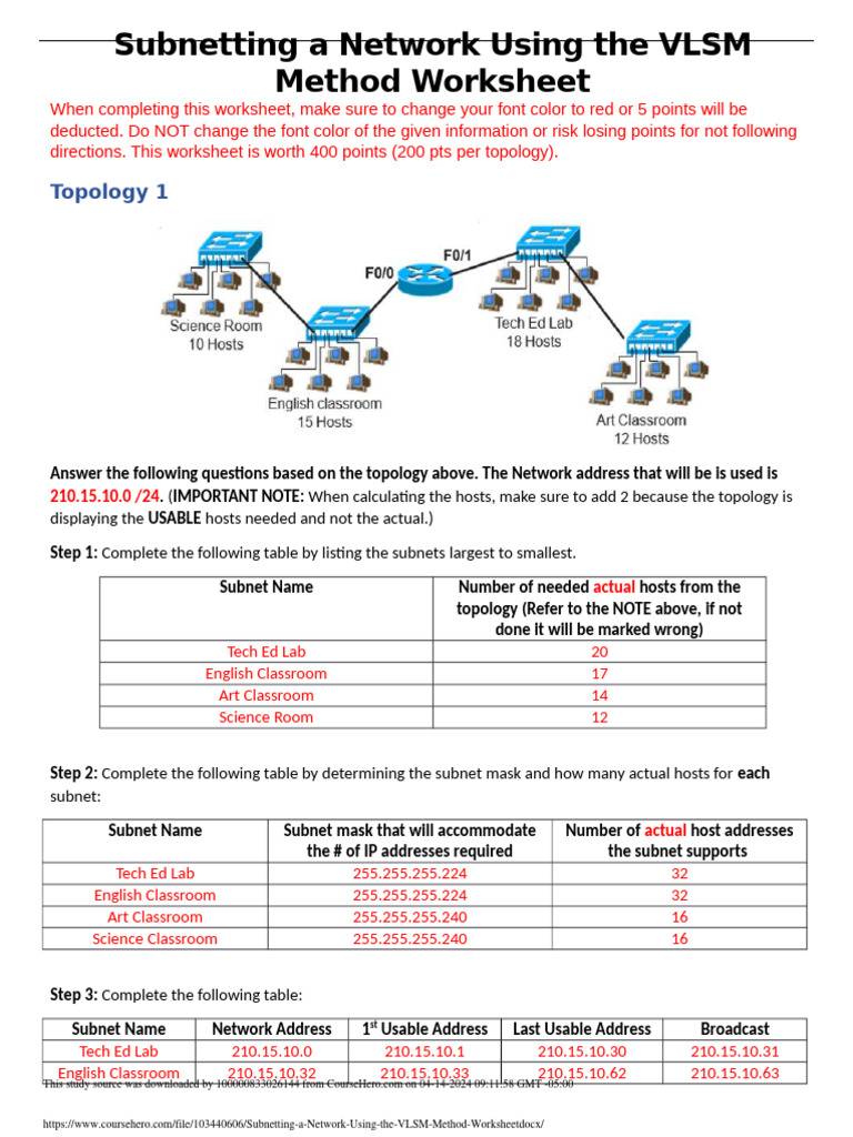 Subnetting A Network Using The VLSM Method Worksheet | PDF | Internet ... Subnetting A Network Using The VLSM Method Worksheet | PDF | Internet ...