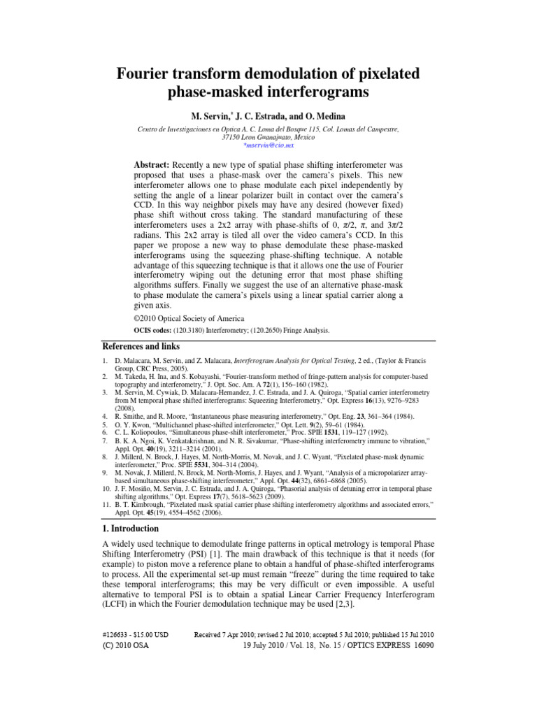 Fourier Transform Demodulation of Pixelated | PDF | Interferometry | Phase (Waves)