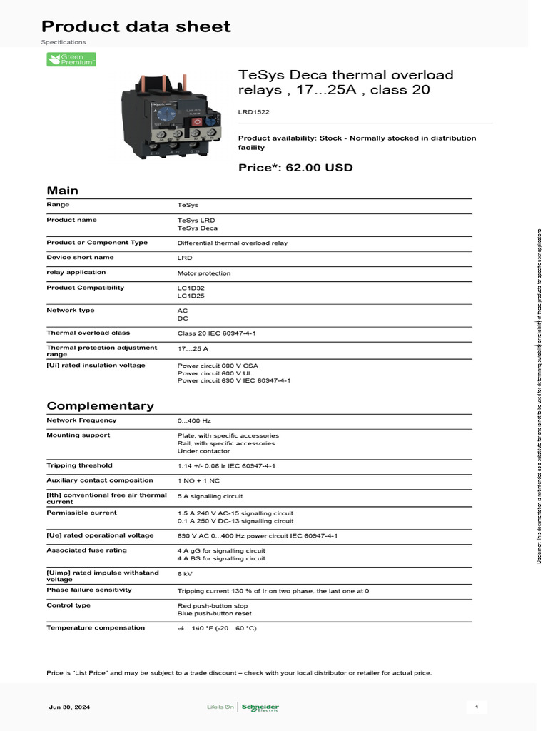 Schneider Electric - TeSys-Deca-Overload-Relays - LRD1522 | PDF | Relay ...