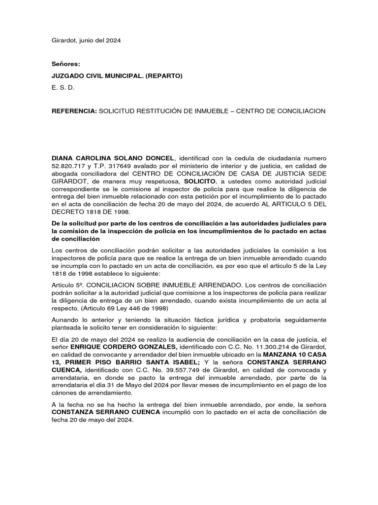 Solicitud Restitución De Inmueble Descargar Gratis Pdf Justicia