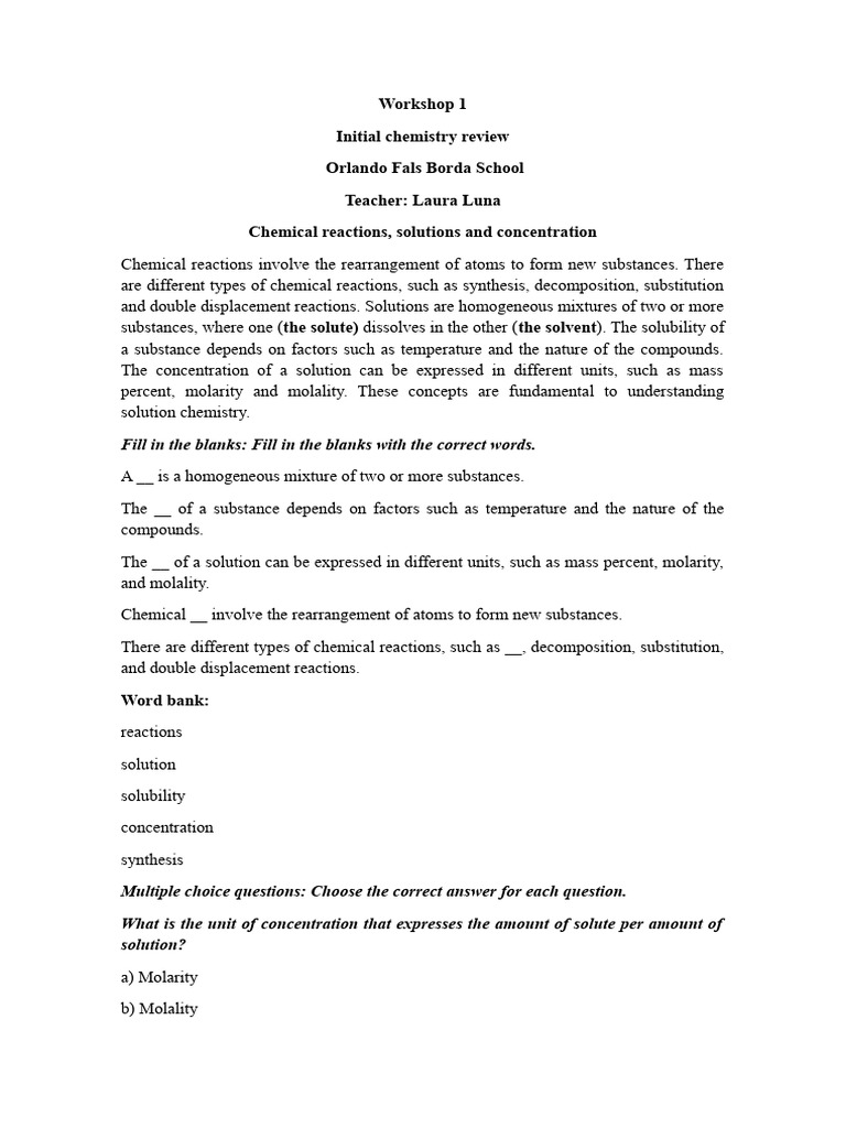 Initial Chemistry Review | PDF | Sustancias químicas | Concentración