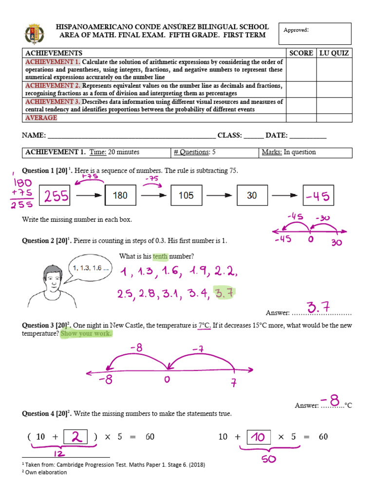 Cumulative 5th - Term1 - Solution | PDF | Numbers | Arithmetic