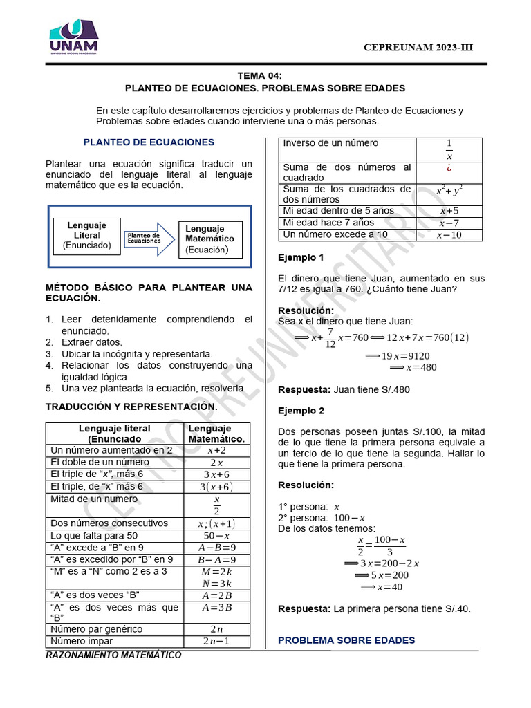 Tema 4 1ERA PARTE Planteo de Ec. Prob. Con Edades | PDF | Ecuaciones | Matemáticas