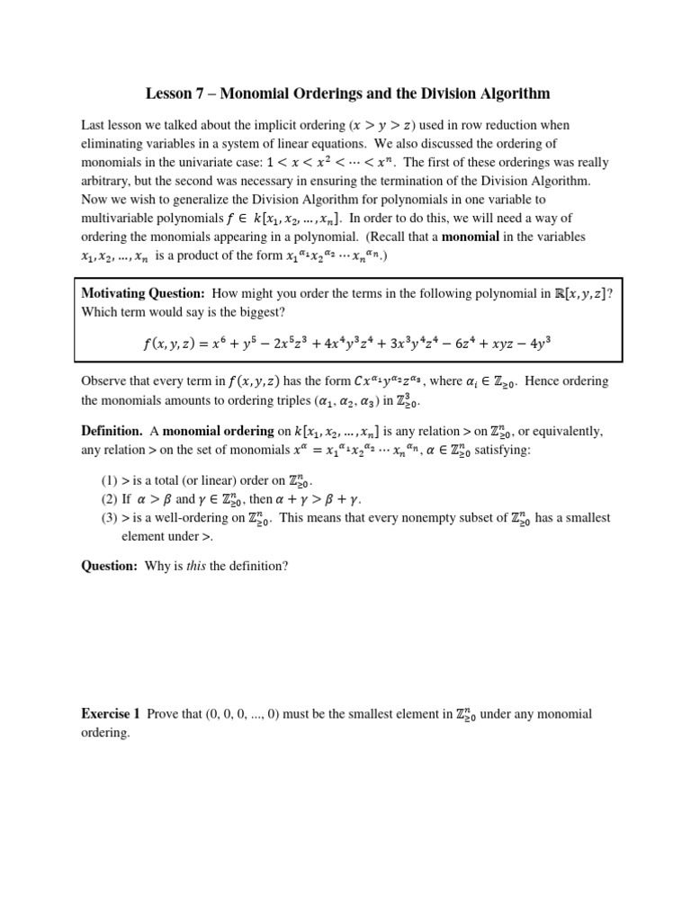 07 Monomial Ordersand Division Algorithm | PDF | Algebra | Abstract Algebra 07 Monomial Ordersand Division Algorithm | PDF | Algebra | Abstract Algebra