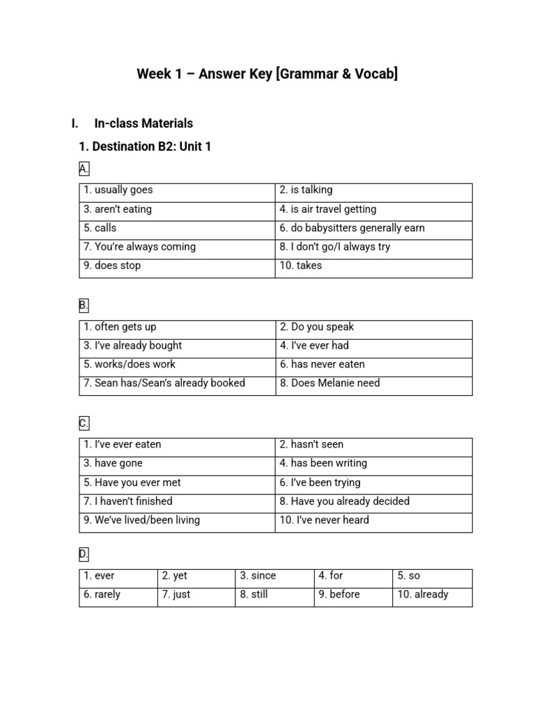 Week 1 - Answer Key (Grammar & Vocab) | PDF