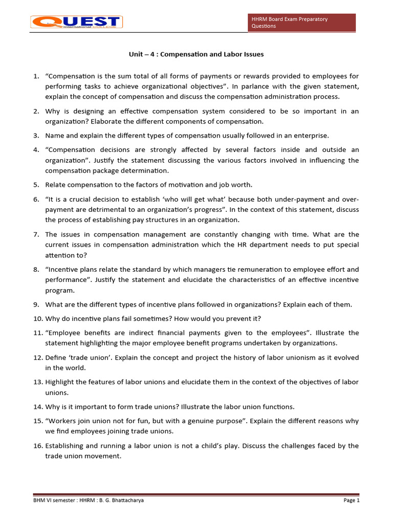 Board Exam Preparatory Questions - Unit 4 | PDF | Compensation And ...