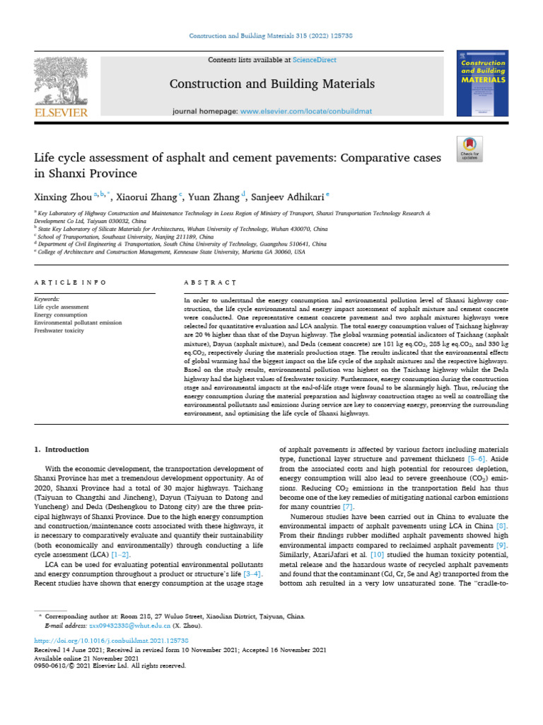 Life Cycle Assessment of Asphalt and Cement Pavements Comparative Cases ...