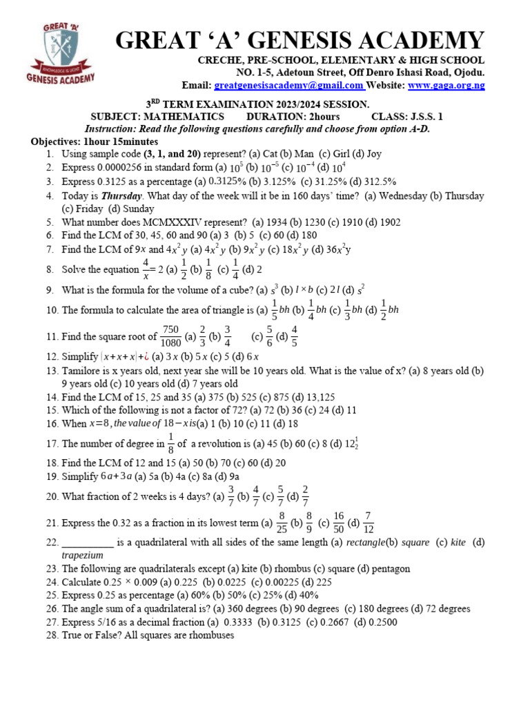 3rd Term Final Examination Mathematics jss1-2 | PDF | Angle | Euclid