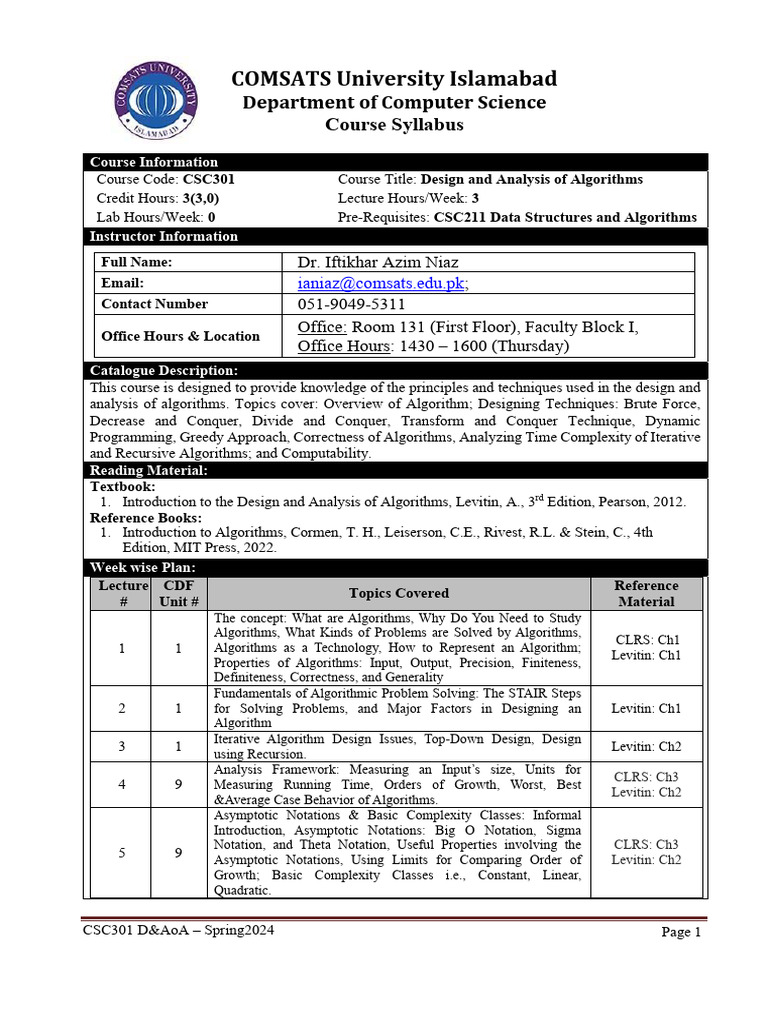 CSC301 D&AoA Syllabus Spring2024 | PDF | Algorithms | Time Complexity