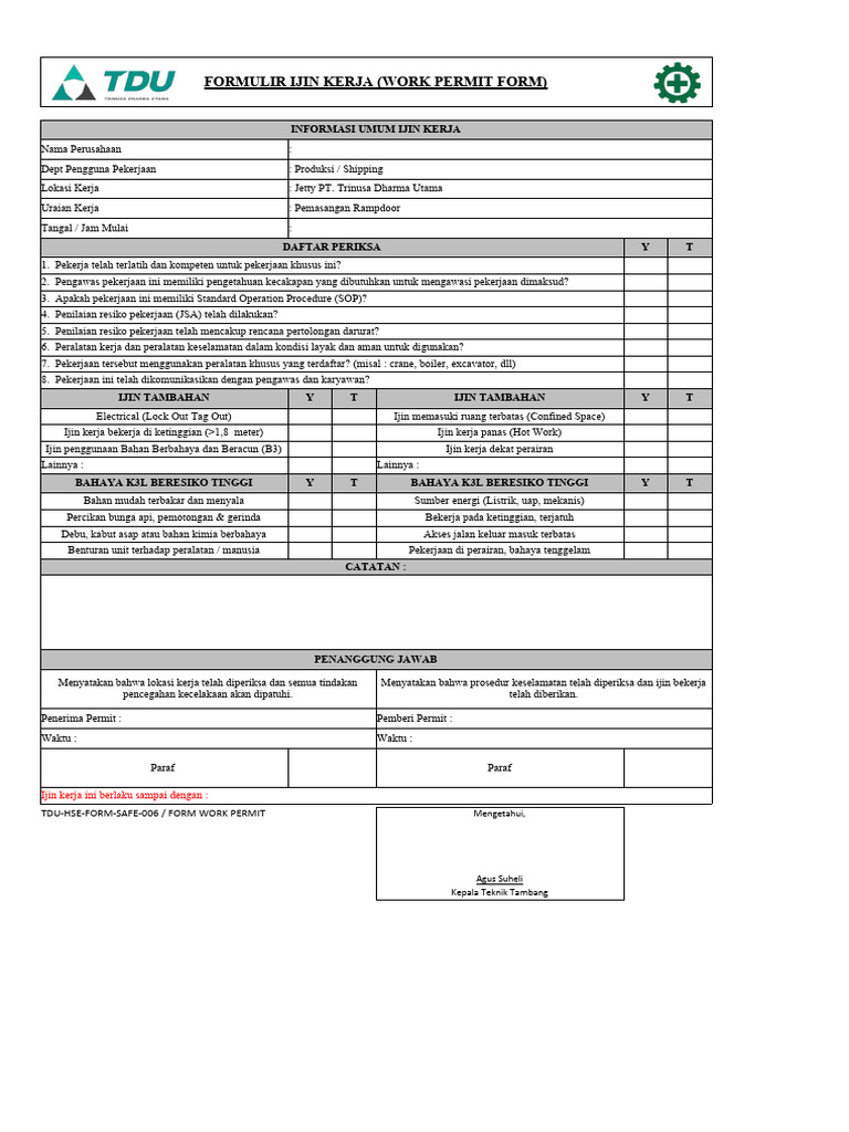 Form Work Permit (Ijin Kerja) | PDF