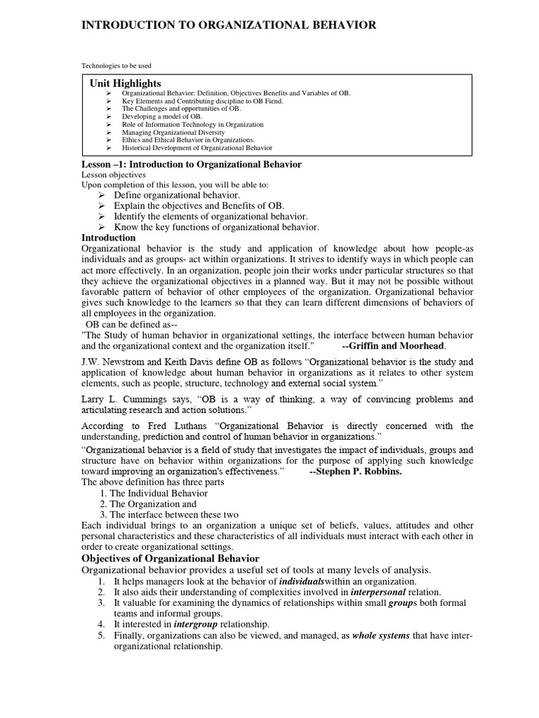 Unit 1 Introduction To OB | PDF | Organizational Behavior | Attitude (Psychology)