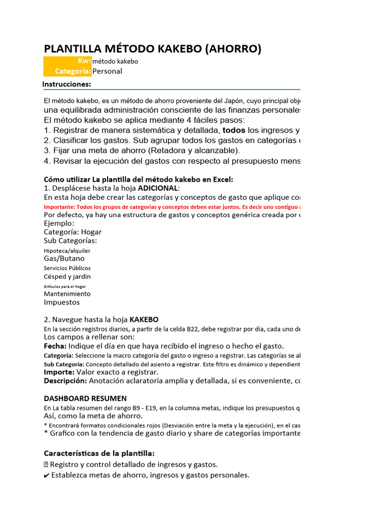 Plantilla Metodo Kakebo EXCEL | PDF | Transporte | Microsoft Excel