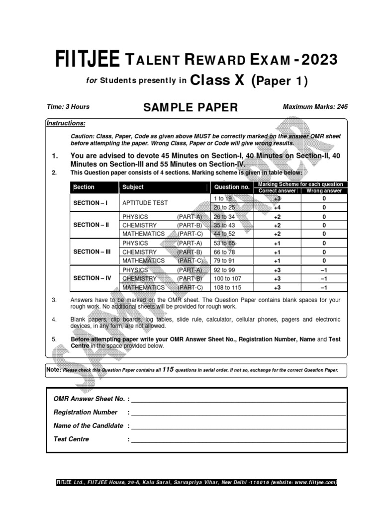 Fiitjee 2023 Sample Paper Class X p1 | PDF | Magnesium | Chemical Reactions