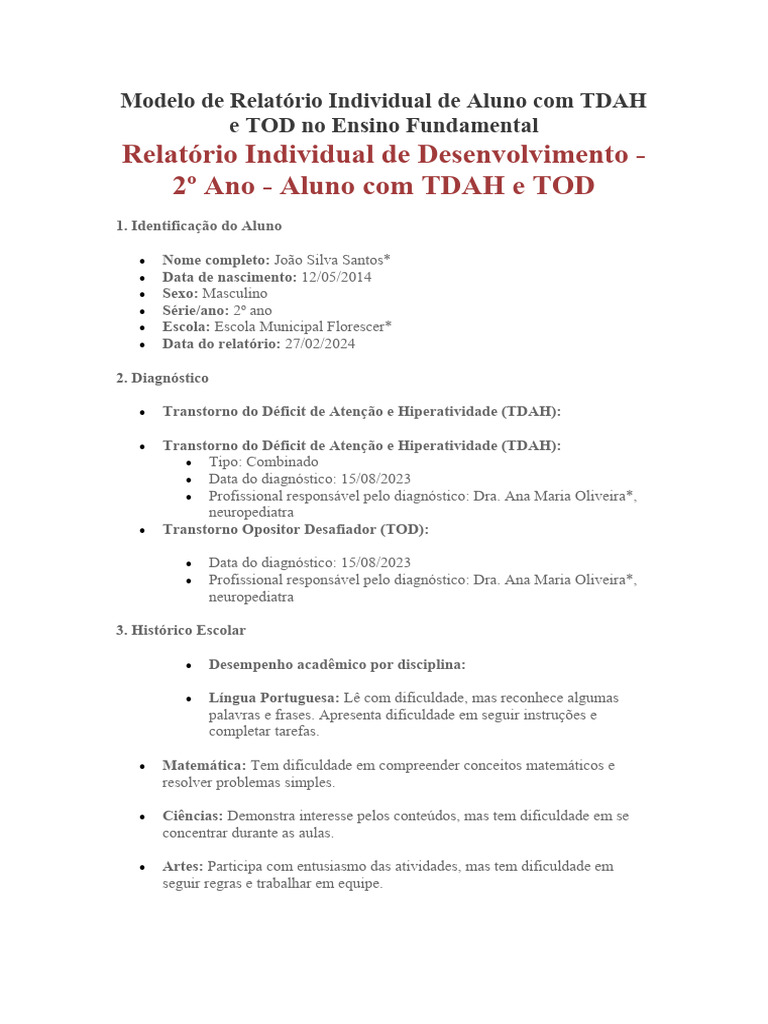 Modelo de Relatório Individual de Aluno Com TDAH e | PDF | Transtorno ...